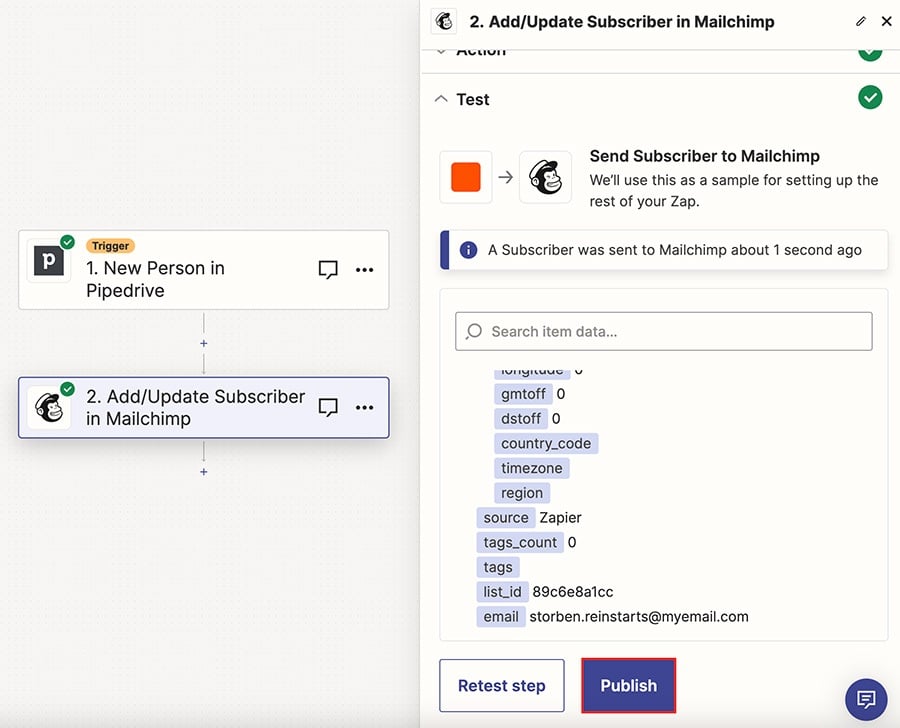 Zapier: Pipedrive 연락처를 Mailchimp 구독자에게 보내기 - Knowledge Base | Pipedrive